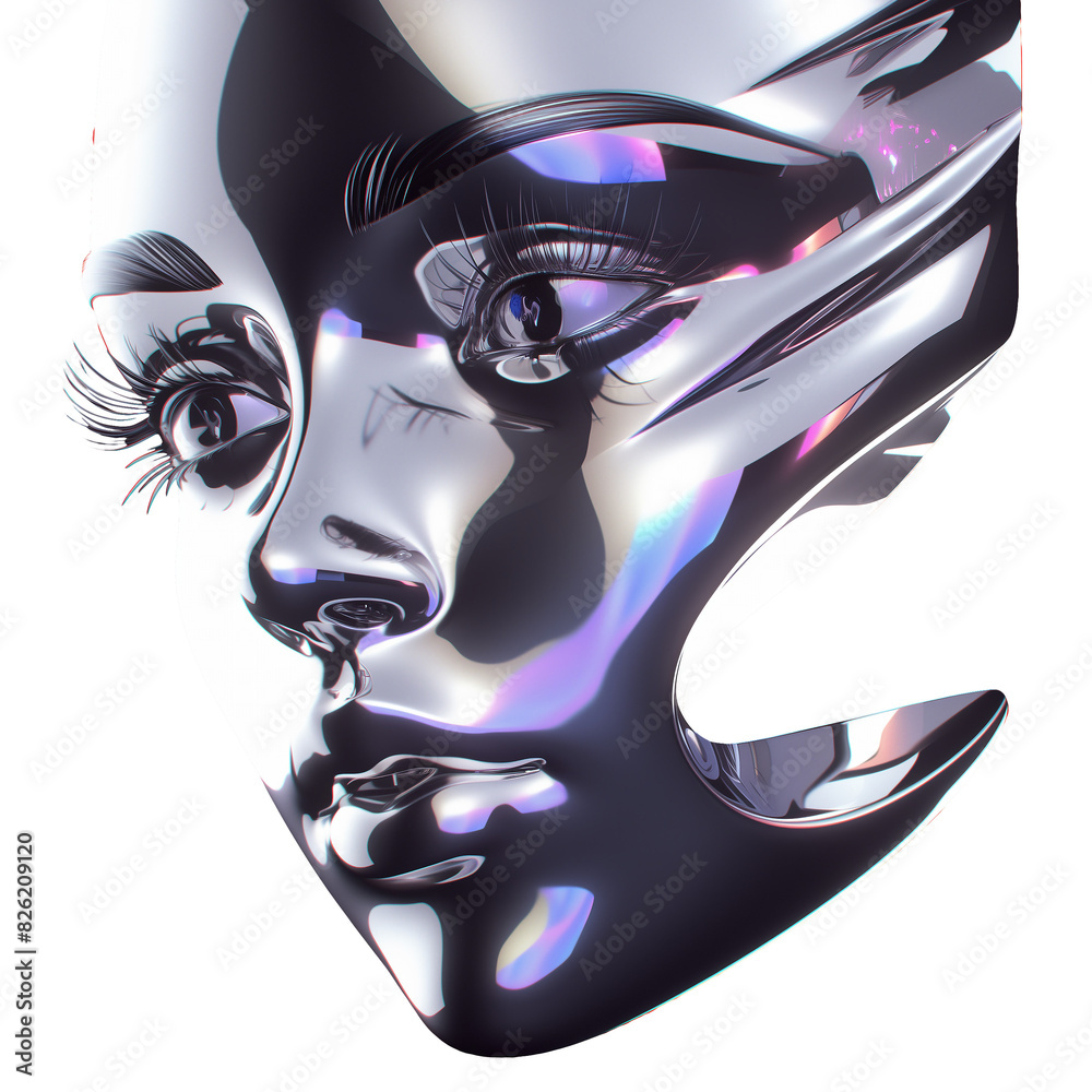 Futuristic chrome woman face isolated. Shiny gloss metal human head ...