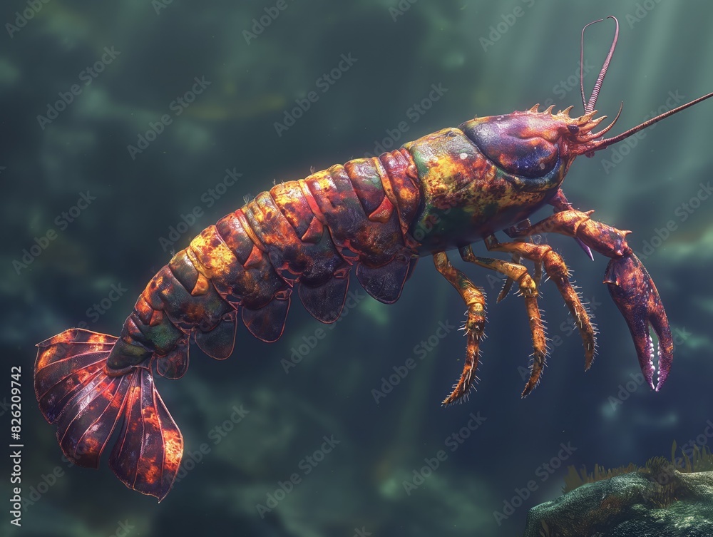 A colorful crustacean with a long tail and claws is swimming in the ...