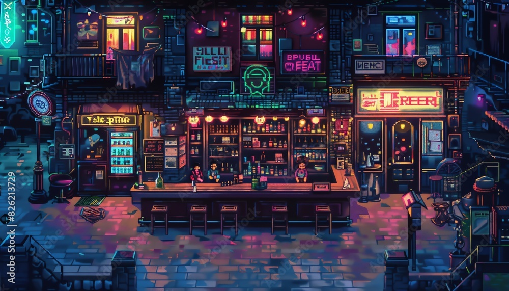 top-down view of a speakeasy bar in a stylized pixel art format ...