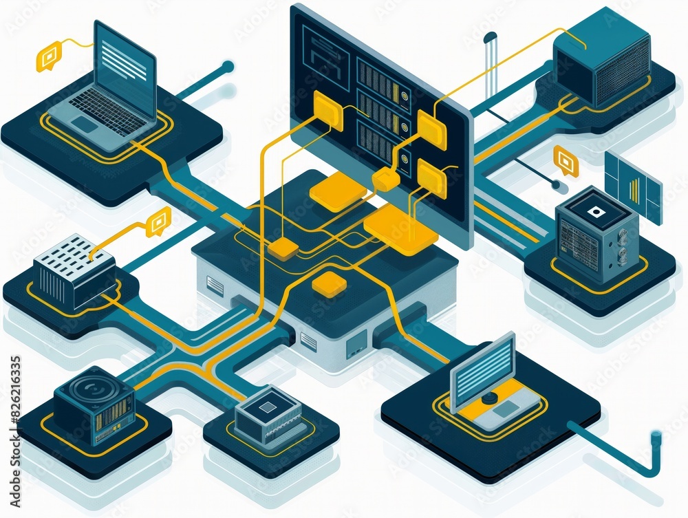 A computer network diagram with many different devices and wires. The ...