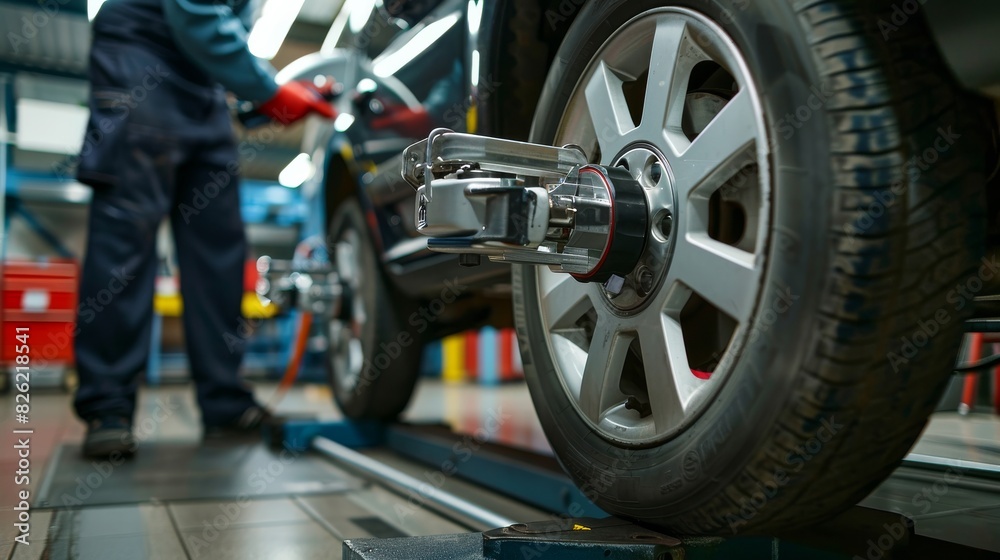 Mechanic tuning the alignment of a car in a garage, Created with ...