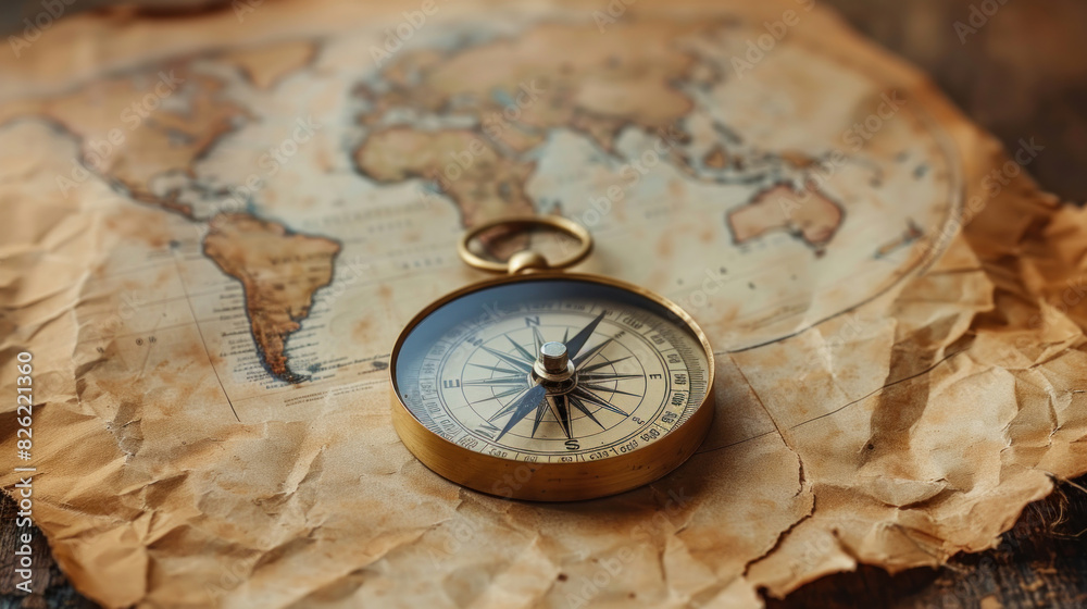 Old compass on a paper map, blue and gold background highlighting goals ...