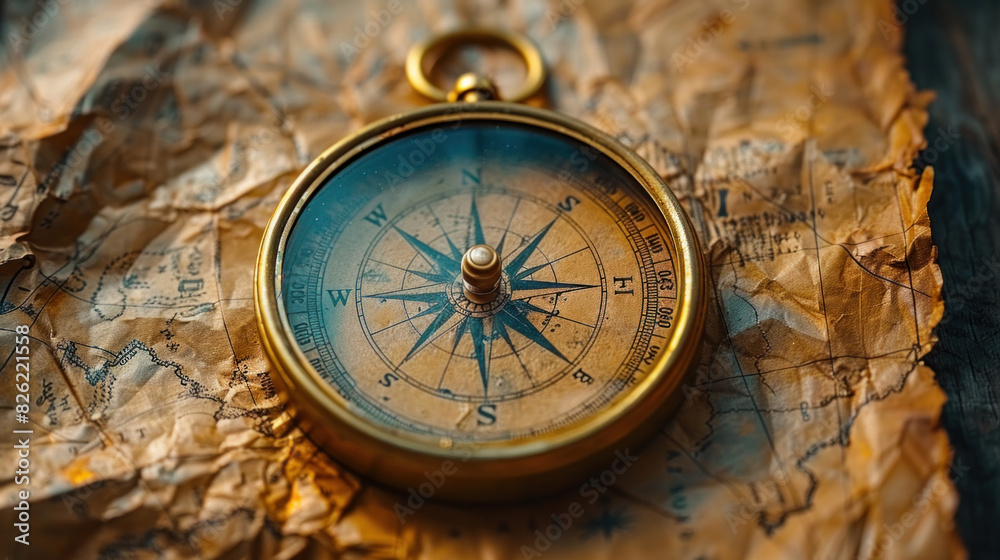 Old compass on a paper map, blue and gold background highlighting goals ...