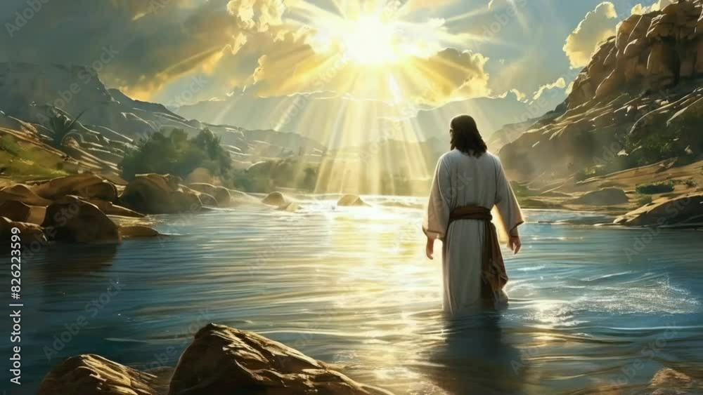Jesus Christ baptism in jordan river in holy light rays - 4k new stock ...
