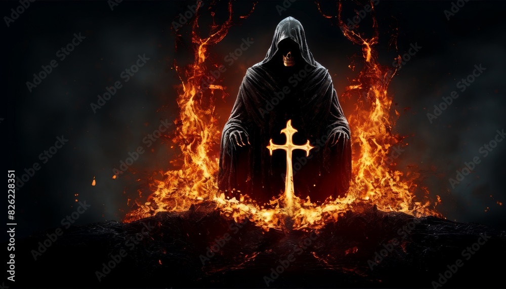 A sinister demon shrouded in a black robe holds a glowing cross amidst ...