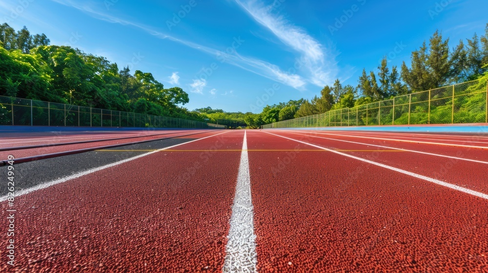 High school track and field ground, red running tracks with white lines ...