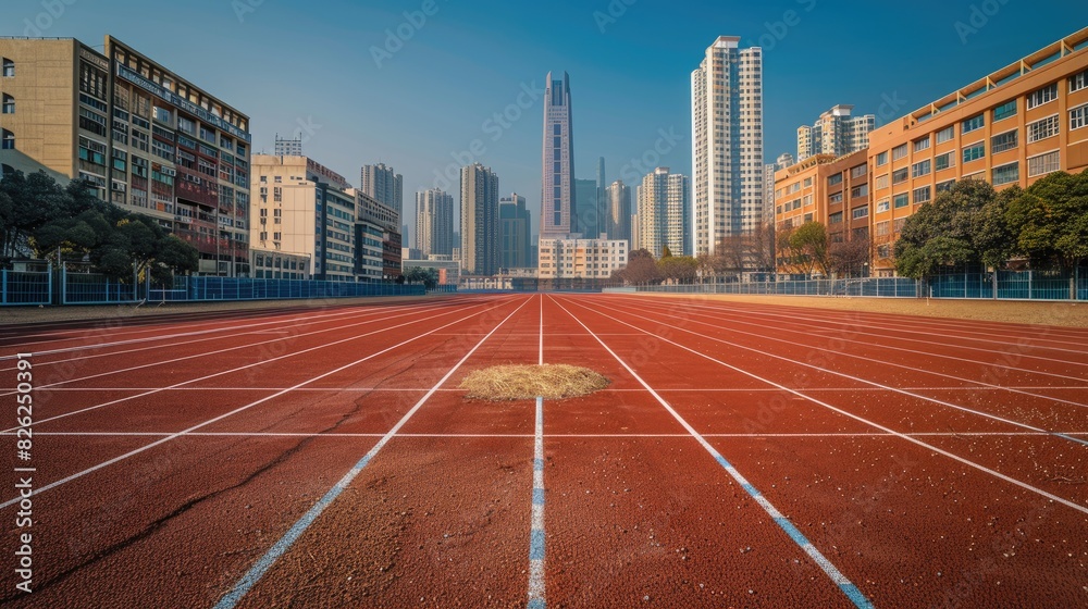 High school track and field ground, red running tracks with white lines ...