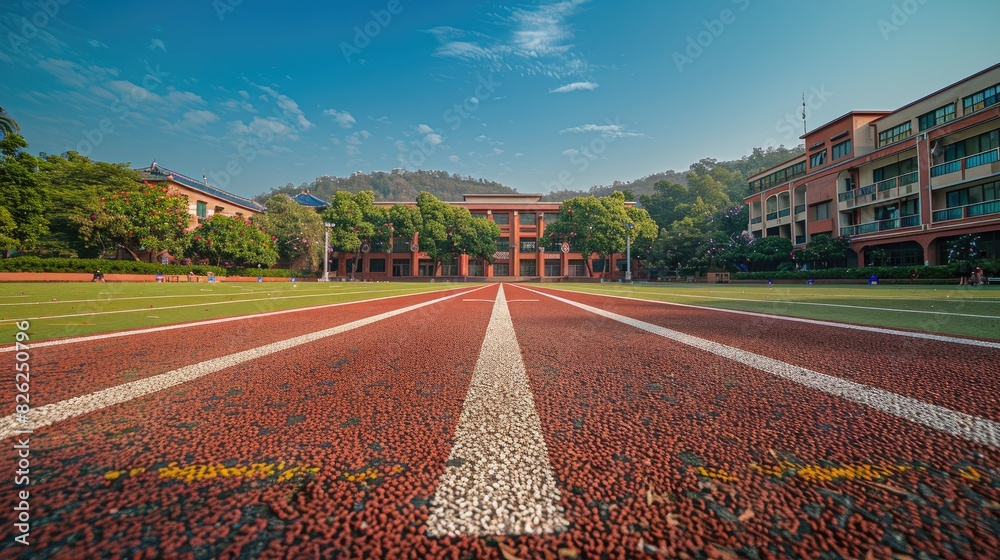 High school track and field ground, red running tracks with white lines ...