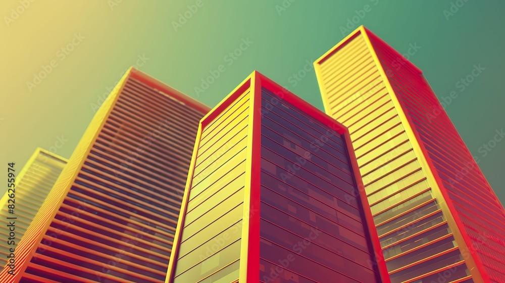 Capture an eye-level angle of a towering skyscraper, distorted by a ...