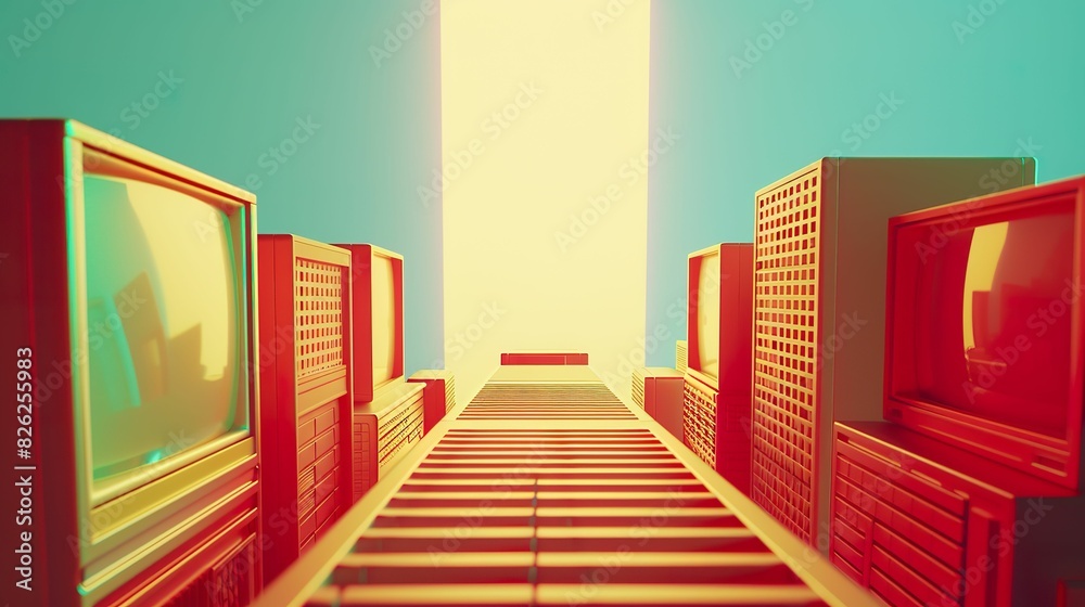 Capture an eye-level angle of a towering skyscraper, distorted by a ...