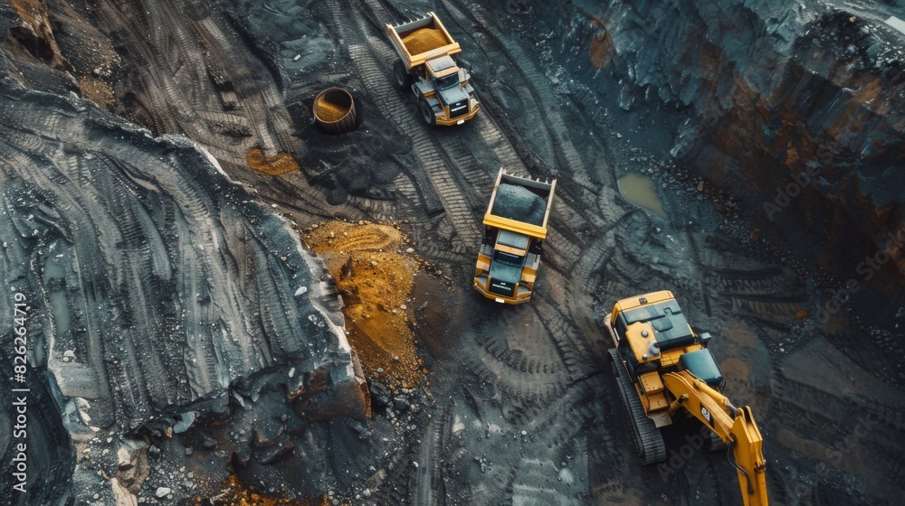 Heavy machinery, including excavators and dump trucks, operate at a ...