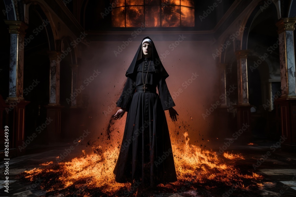 Possessed bloody Nun in a church or temple. Nun possessed by the devil ...