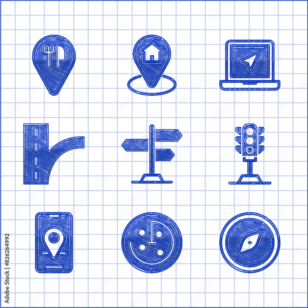 Set Road traffic sign, Radar with targets on monitor, Compass, Traffic ...
