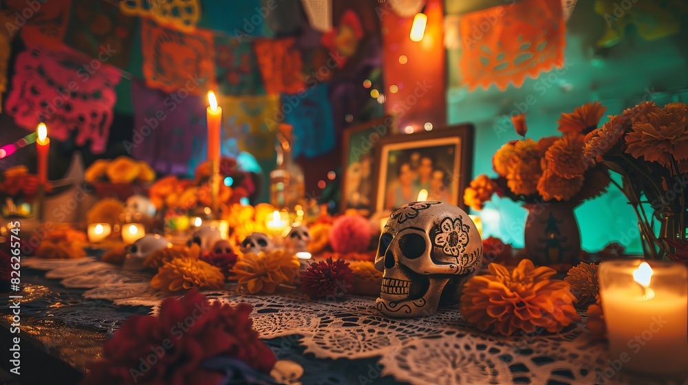 Traditional Mexican Day of the Dead Altar with Family Photos, Candles ...