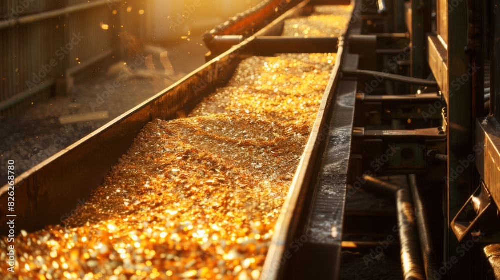 Sunlight illuminates a conveyor belt carrying gold ore at a mining ...