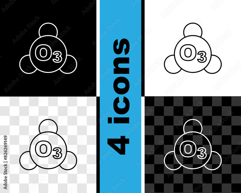 Set line Ozone molecule icon isolated on black and white, transparent ...