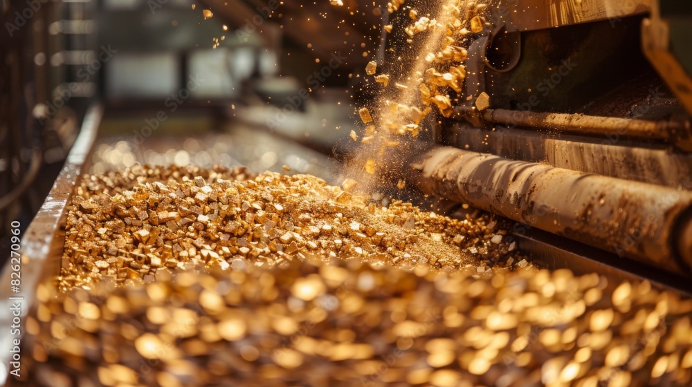 Gold nuggets cascade from a chute onto a moving conveyor belt inside a ...