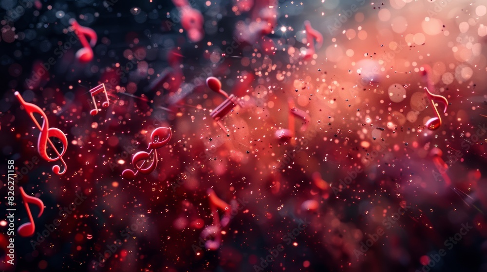 Fiery red musical notes dance amidst a vibrant explosion of light and ...
