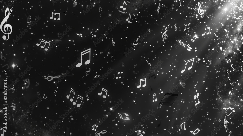 Dreamy musical notes floating gracefully against a starry black ...