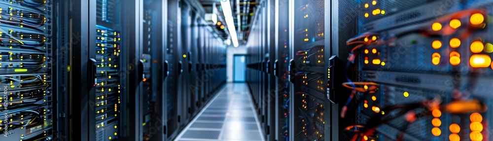 A closeup of a data center with rows of server racks, cooling systems ...