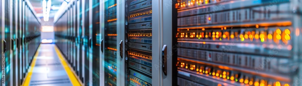A closeup of a data center with rows of server racks, cooling systems ...