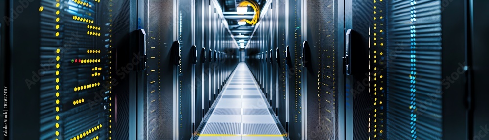 A closeup of a data center with rows of server racks, cooling systems ...