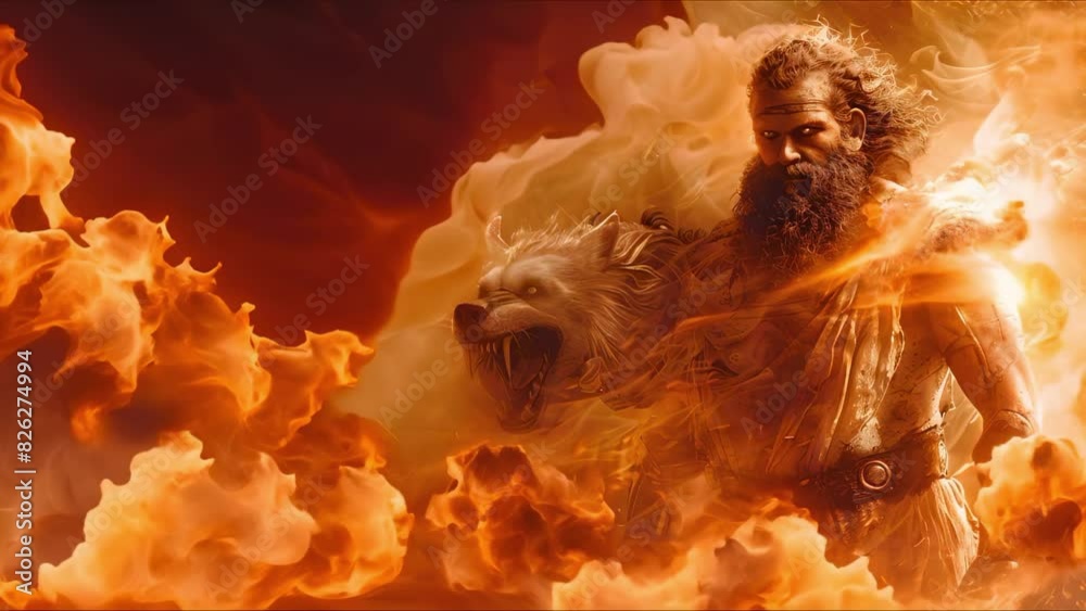 Description Depiction of Greek god Hades with Cerberus in fiery ...