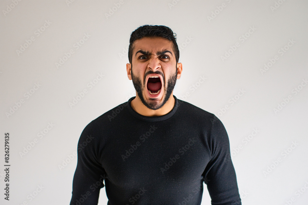 Angry Middle Eastern Man Yelling with Open Mouth in Black Shirt ...