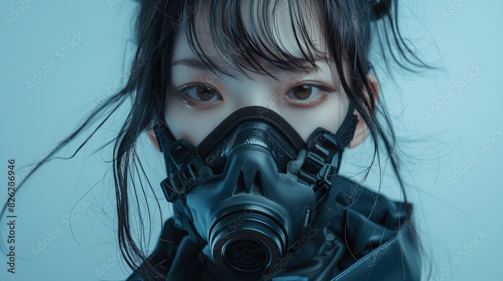 Young asian woman wearing black gas mask closeup image. Expressive eyes ...
