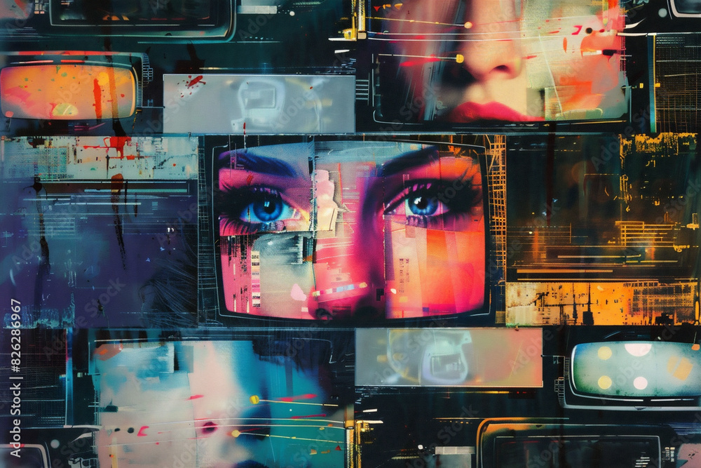 Art collage of multimedia images on different old television screens ...
