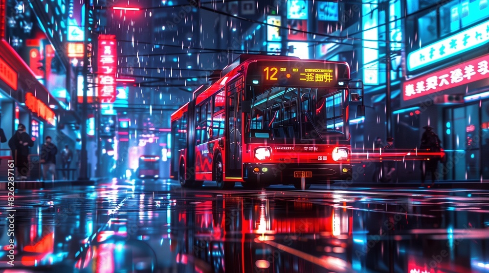 Red commuter bus moves through bustling cyberpunk city art digital ...
