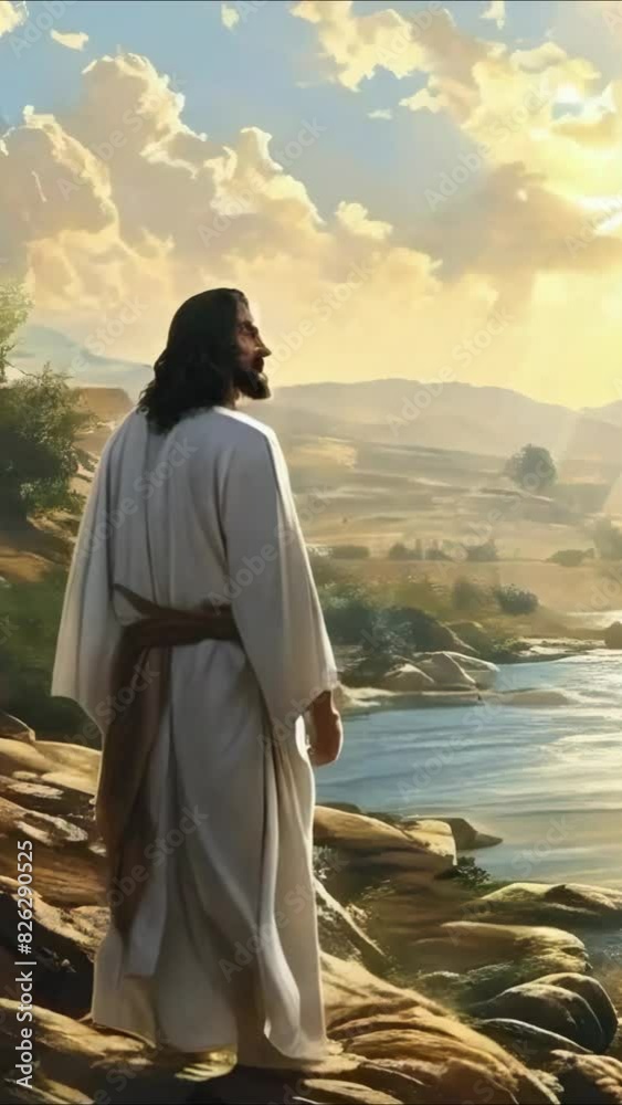 Jesus Christ baptism in jordan river in holy light rays - 4k 9x16 ...