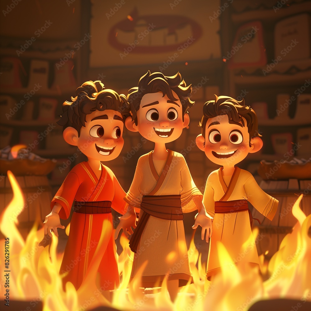 In a heartwarming cartoon scene, Shadrach, Meshach, and Abednego find ...
