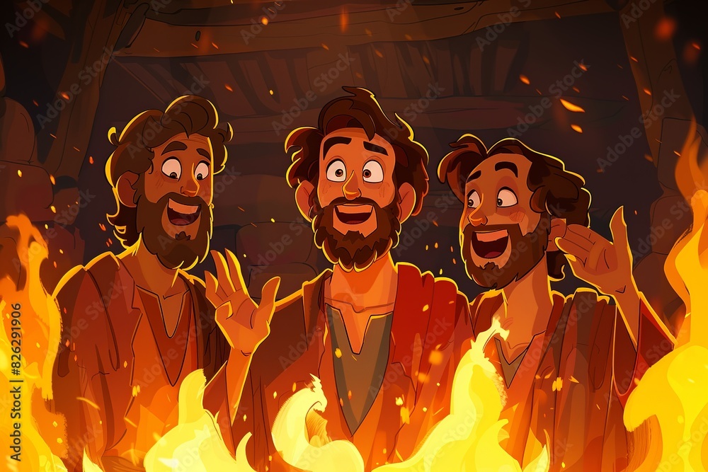 In a heartwarming cartoon scene, Shadrach, Meshach, and Abednego find ...