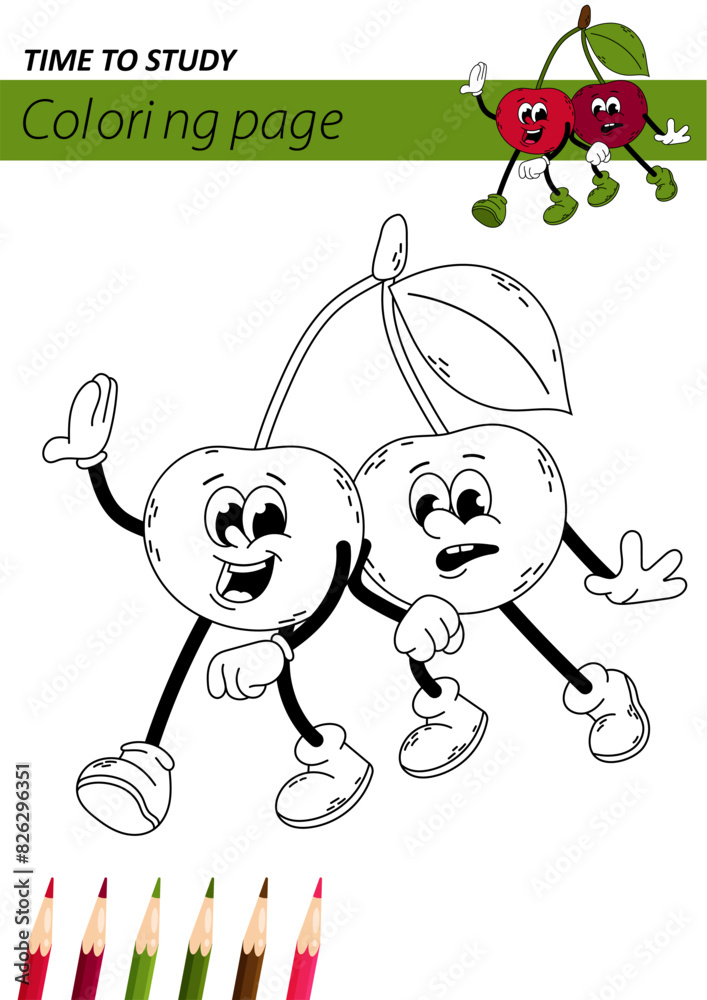 Cherries. Funny cartoon character cherries in flat and doodle style ...