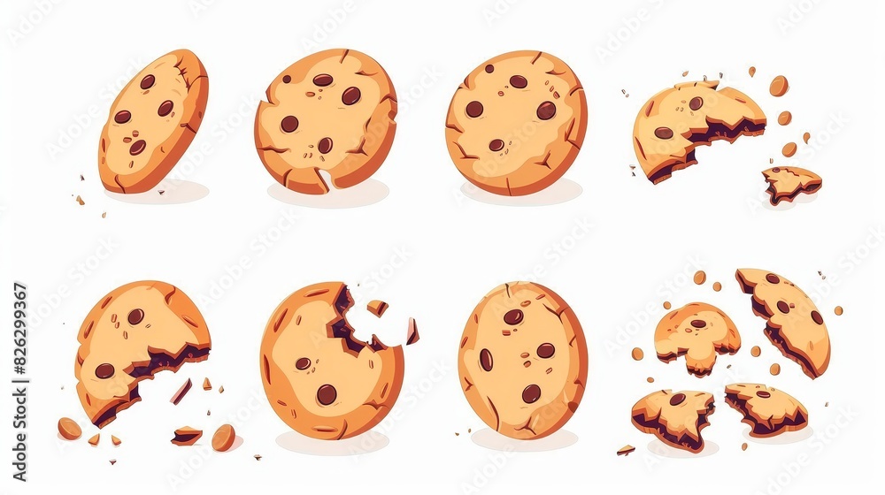 A bite of chocolate chip cookie is broken with crumbs and animated in ...