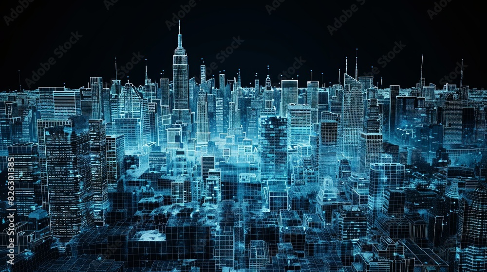 X-ray style smart city architecture in light blue and white with black ...