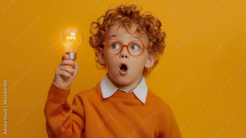 Smart Boy with Glasses Holding an Illuminated Light Bulb on Yellow ...