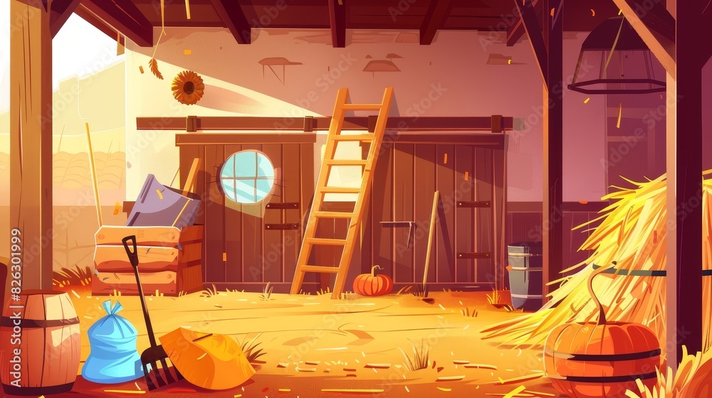 Farmhouse with harvest, straw, and hay. Modern cartoon interior with ...