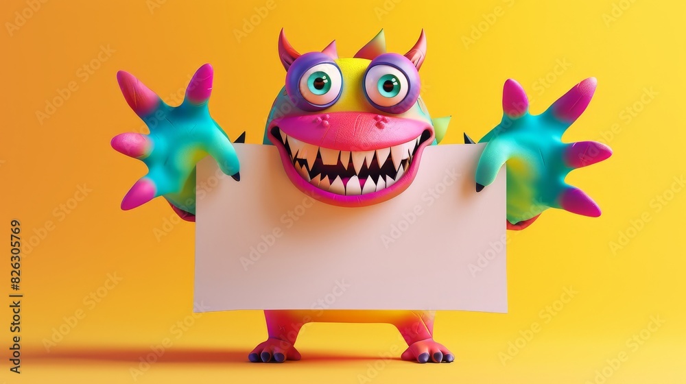 Cartoon character holding an empty banner, 3D cute monster holding up a ...