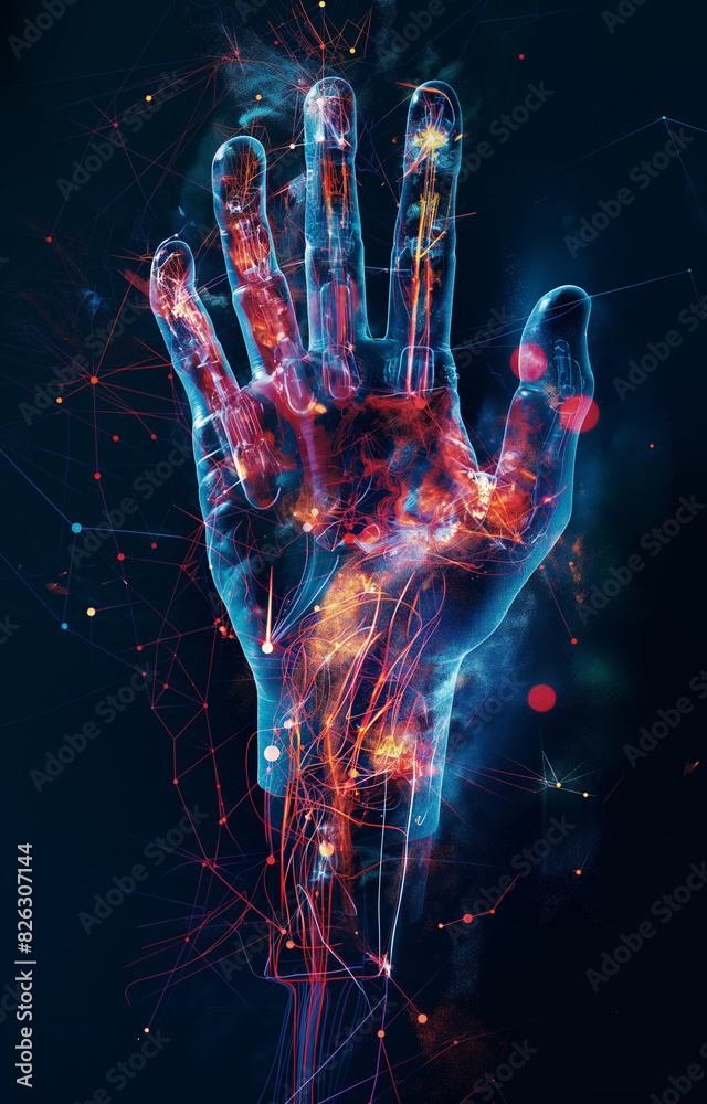 A scan of a human hand with visible blood vessels, bones and nerve ...