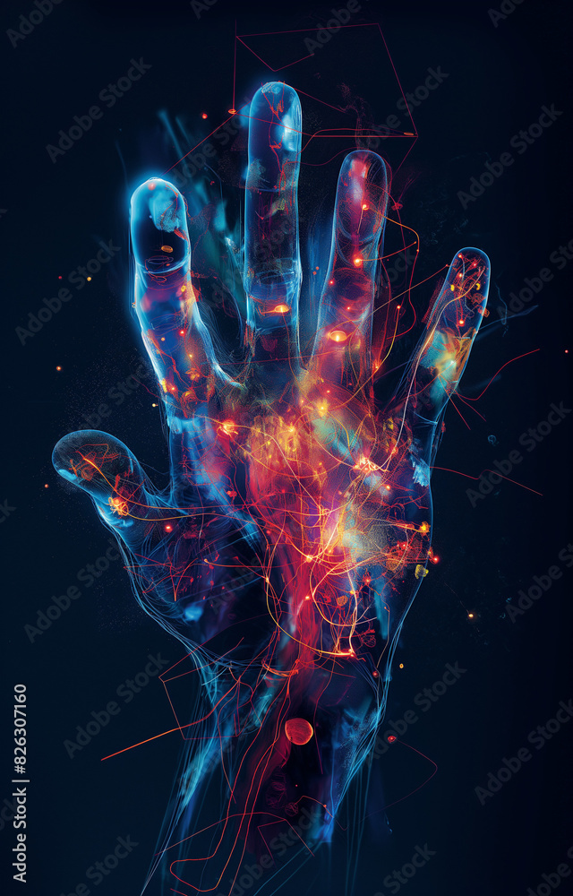 An illustration of the hand scan with an exploded view showing a hand ...