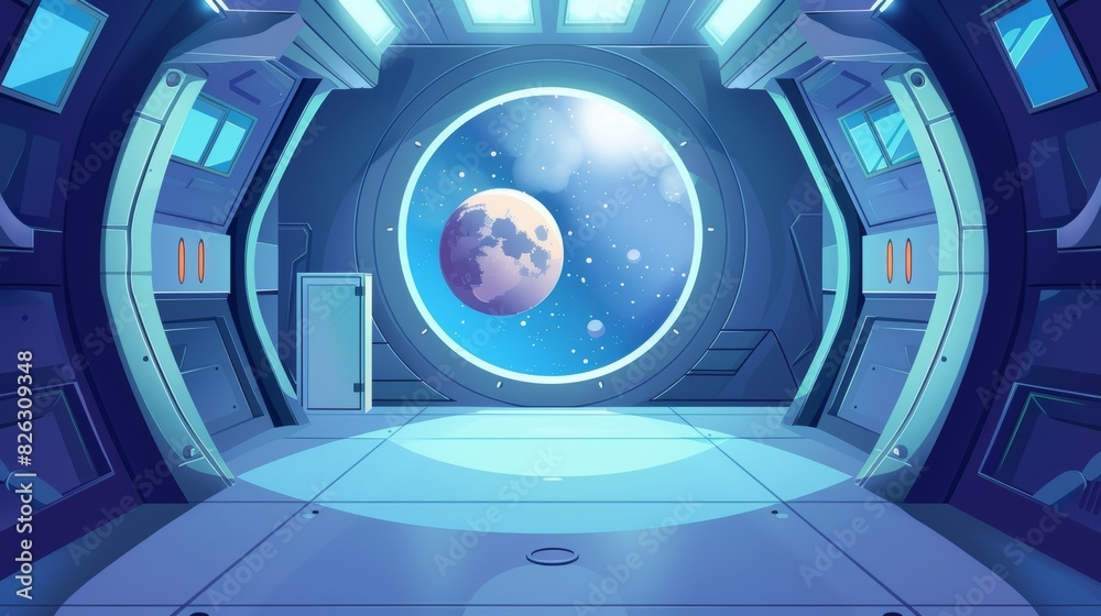 This is a porthole in a hallway on a spaceship. A viewport of Mars and ...