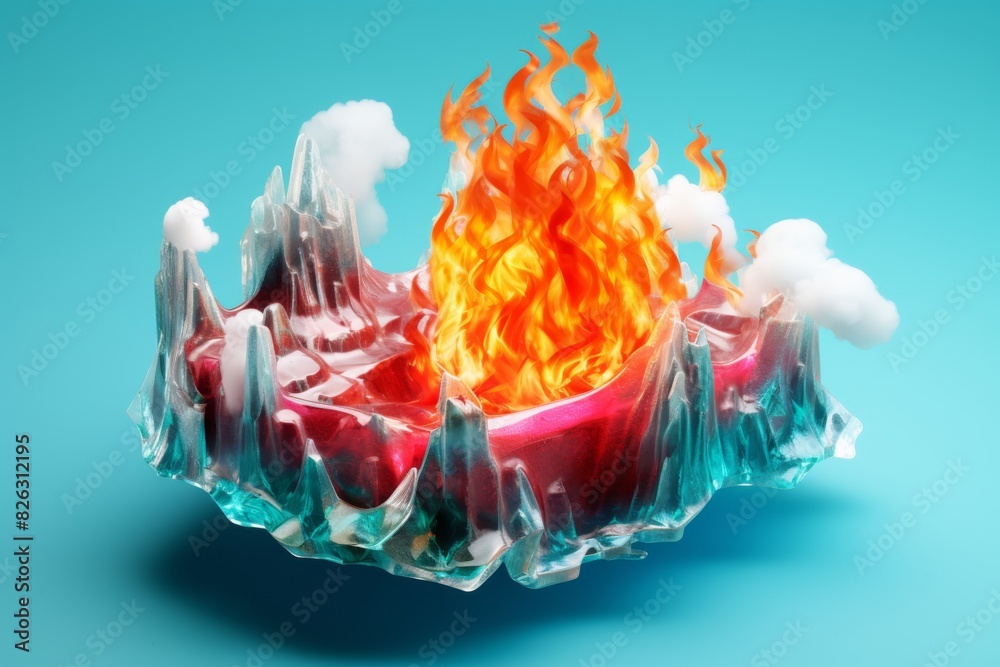 Surreal depiction of contrasting elements: a vibrant fire burning ...