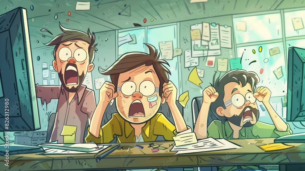 An office chaos cartoon depicts panicked workers and a deadline as it ...
