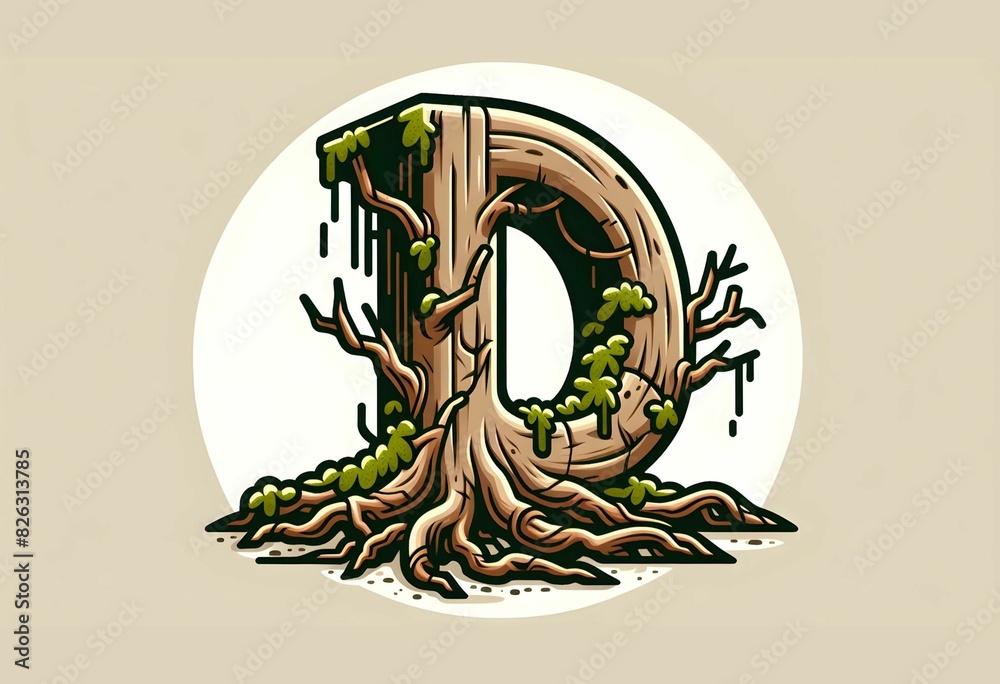 The letter D carved into an ancient, twisted tree, with exposed roots ...
