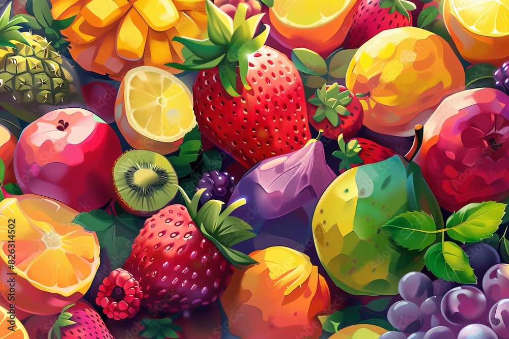 A vibrant cartoon illustration showcases a variety of fruits each ...