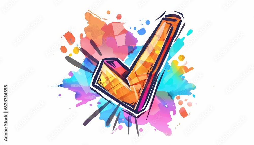 Comic-style check mark icon with a confirm button in a cartoon 2D ...