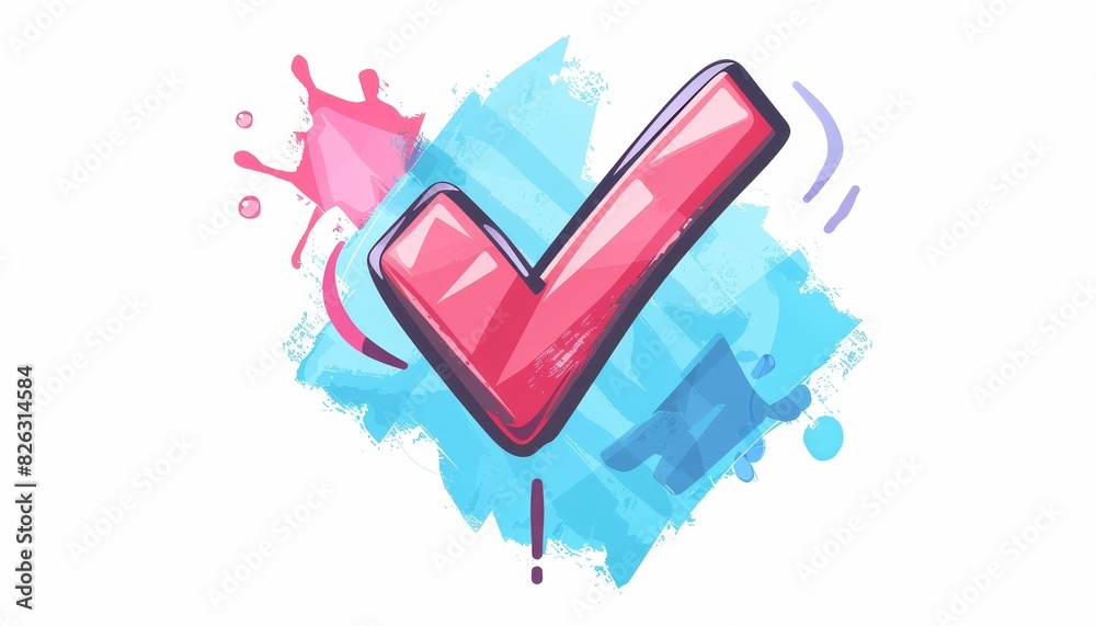 Comic-style check mark icon with a confirm button in a cartoon 2D ...