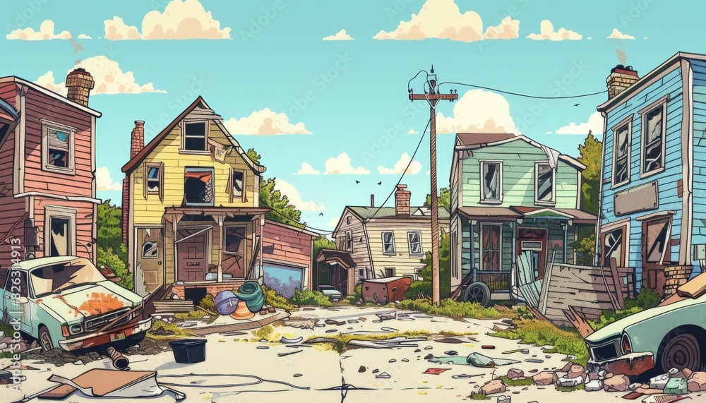 Poor dirty houses in a ghetto area are depicted in a 2D illustrated ...
